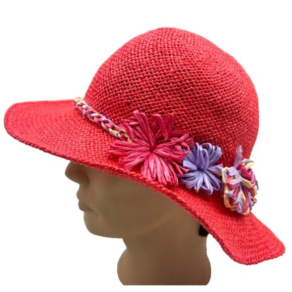 Inverni | Accessories | Inverni Hat Red Raffia Flower Trim Sun Beach ...
